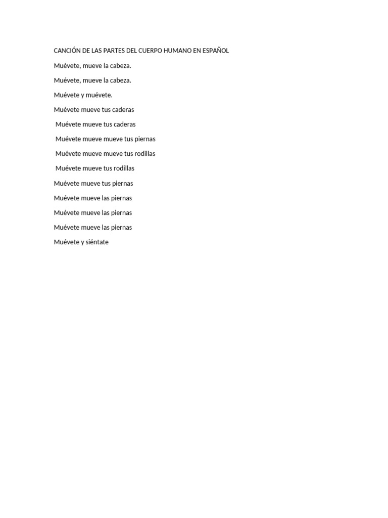 Canción sobre partes del cuerpo en español | PDF