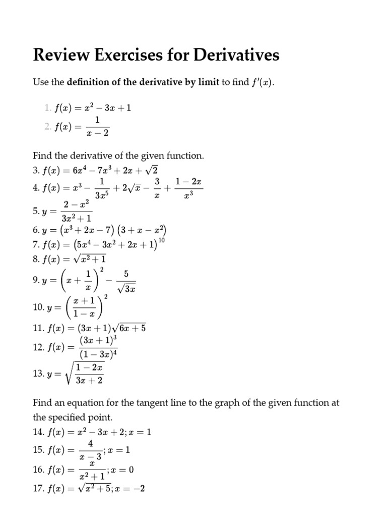 Review Exercises for Derivatives | PDF | Tangent | Derivative