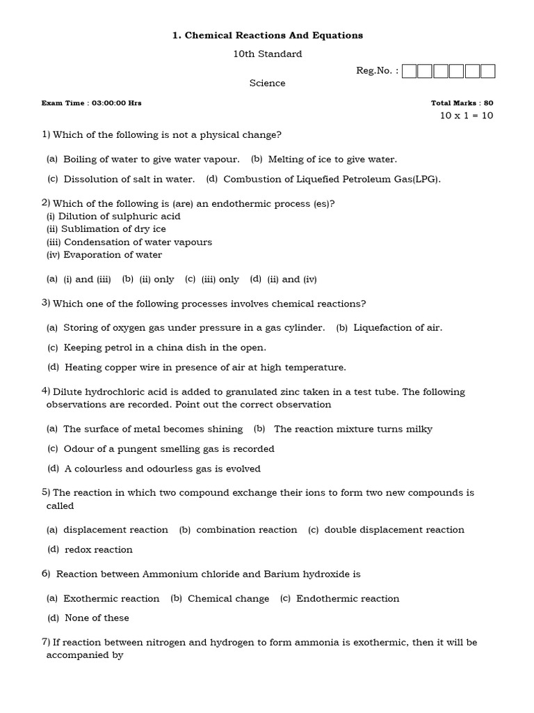 10th Grade Chemistry Exam | PDF | Chemical Reactions | Redox