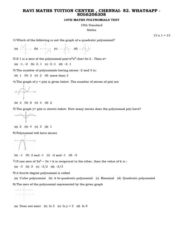 10th Grade Maths Polynomials Test | PDF | Polynomial | Mathematical ...