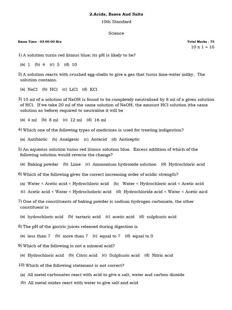 10th Standard Science: Acids, Bases, Salts Exam | PDF | Hydrochloric ...