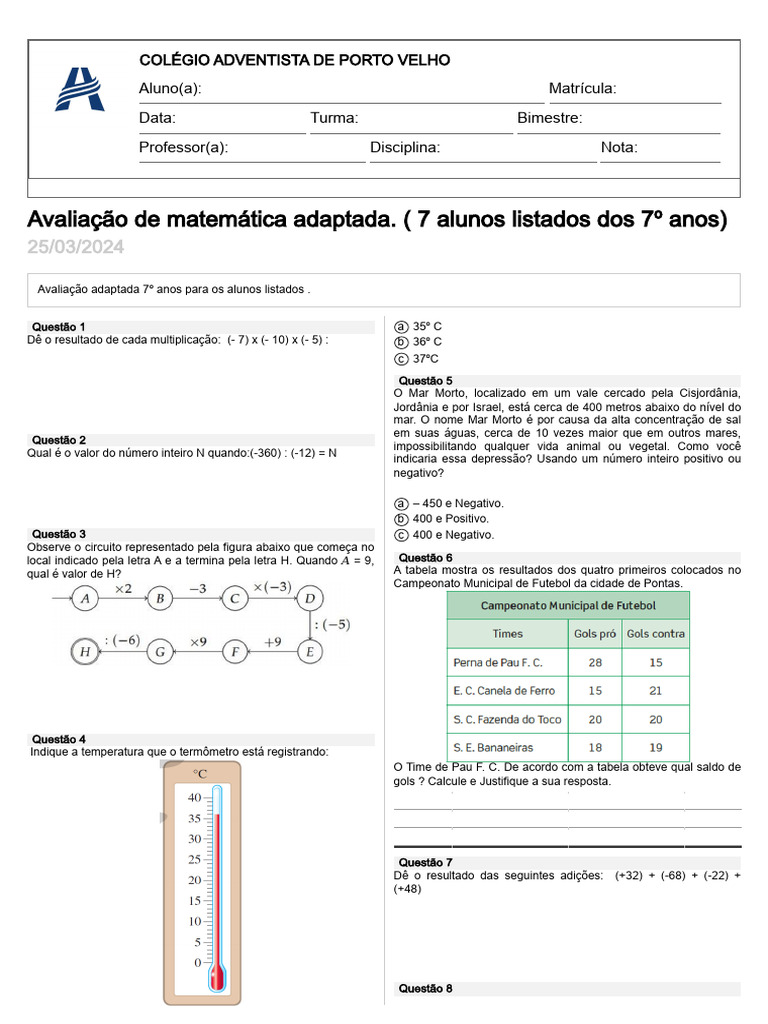 Av2 Matemática Adaptada Márcia Fernanda 7 Alunos | PDF