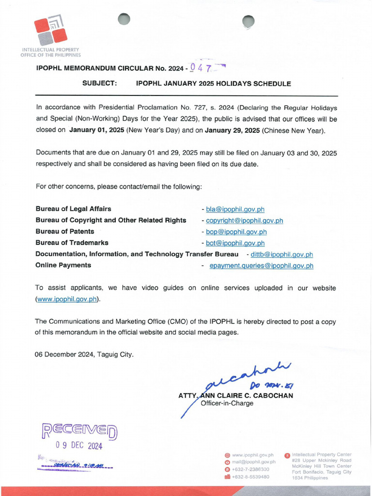 IPOPHL Memorandum Circular No. 2024-047, January 2025 Holidays Schedule | PDF