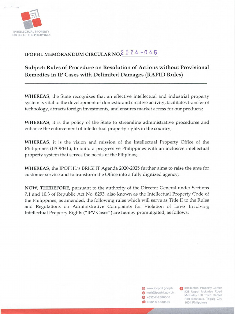 IPOPHL Memorandum Circular No. 2024-045, Rules of Procedure On Resolution of Actions Without ...