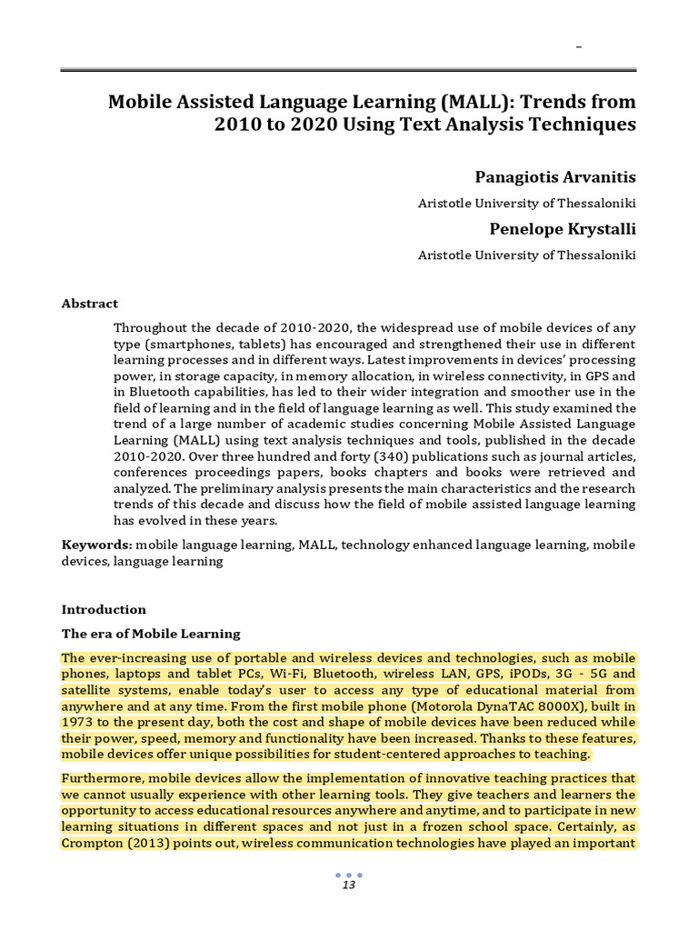 Mobile Assisted Language Learning (MALL) Trends from 2010 to 2020 Using Text Analysis Techniques ...