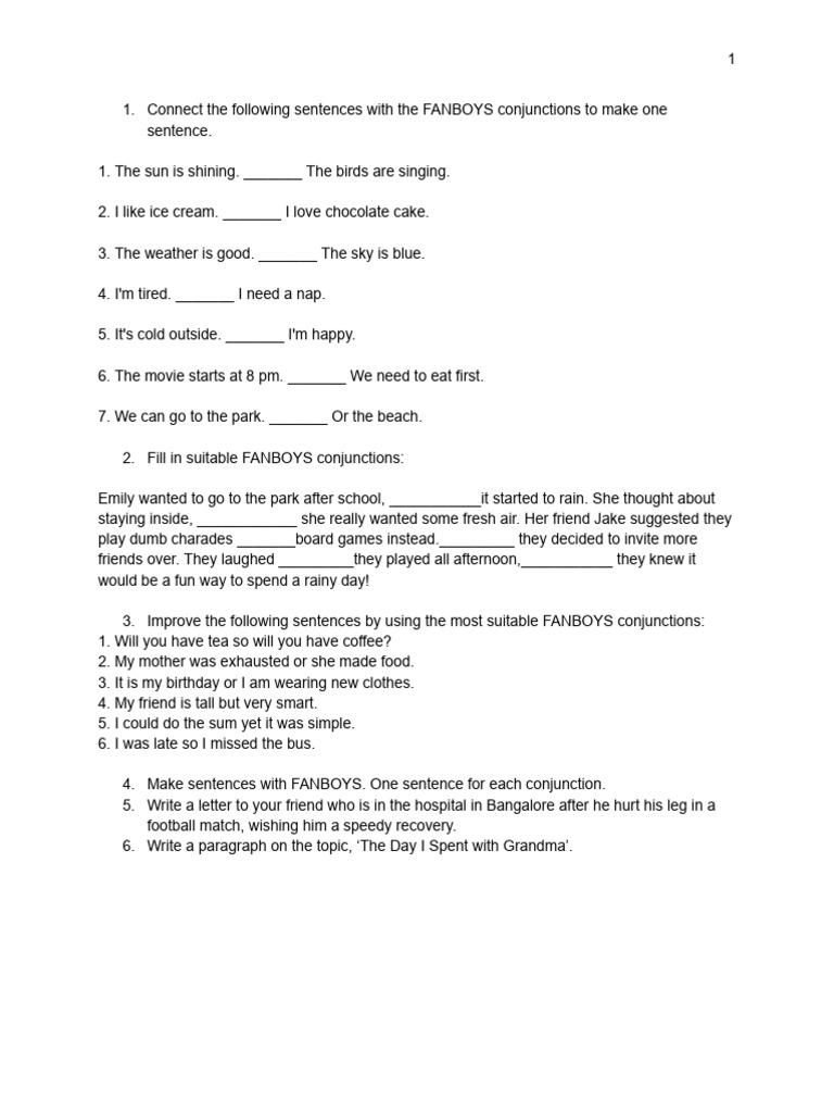 FANBOYS Conjunctions Exercises | PDF