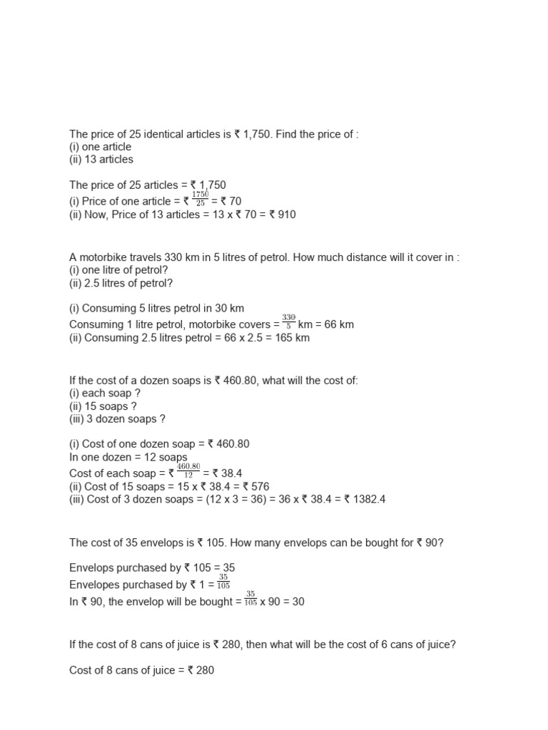 Unitary Method Math Exercises | PDF