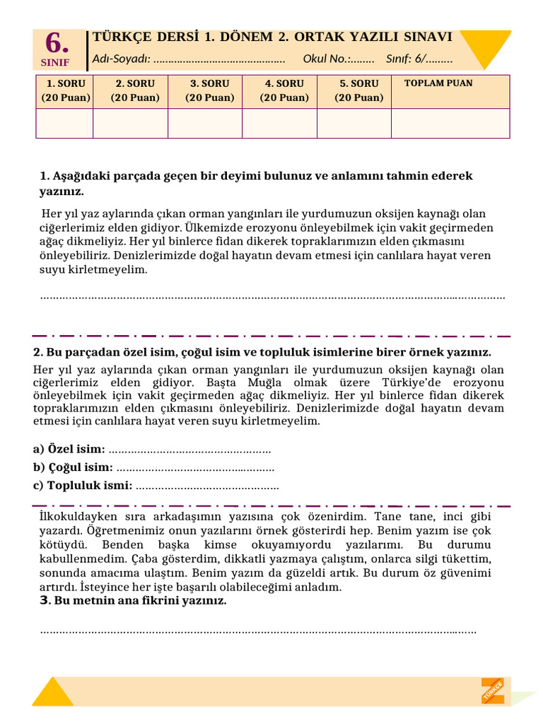 6.sinif 1. Donem 2.yazili Z Turkce Yildirim Senaryo 3 | PDF
