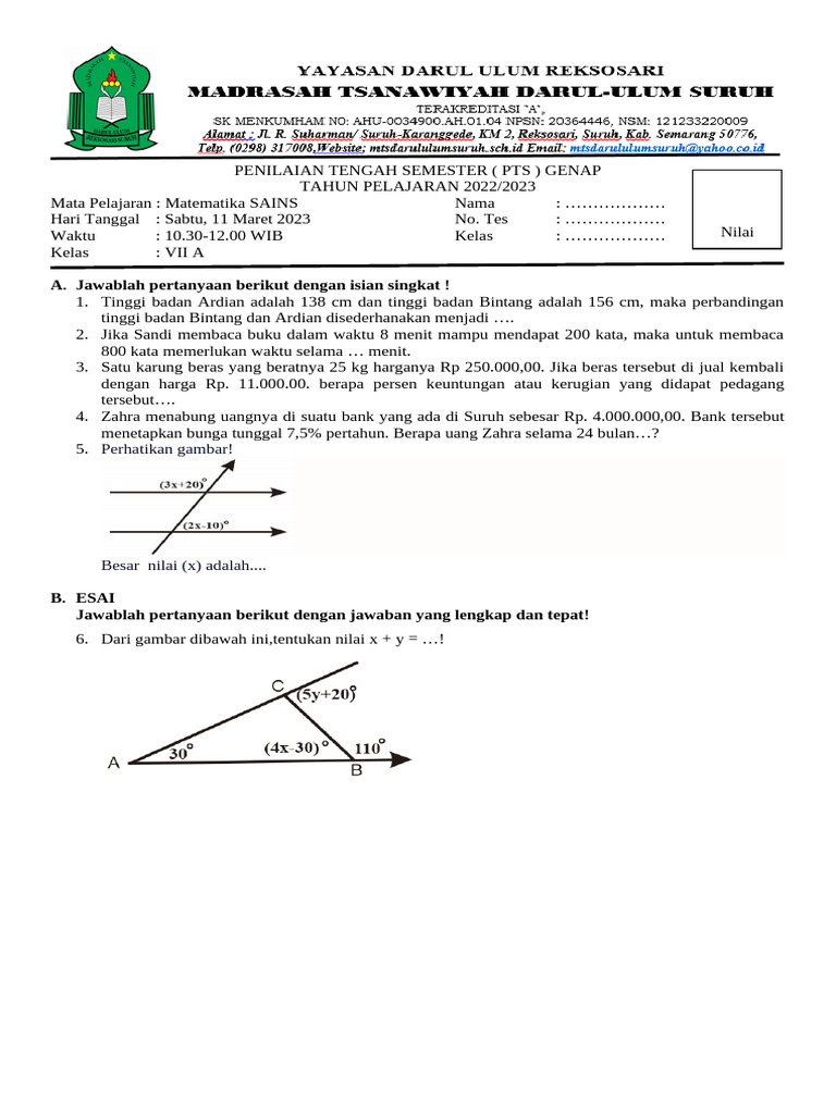 SOAL PTS sains Matematika kelas 7A Genap 2023 | PDF