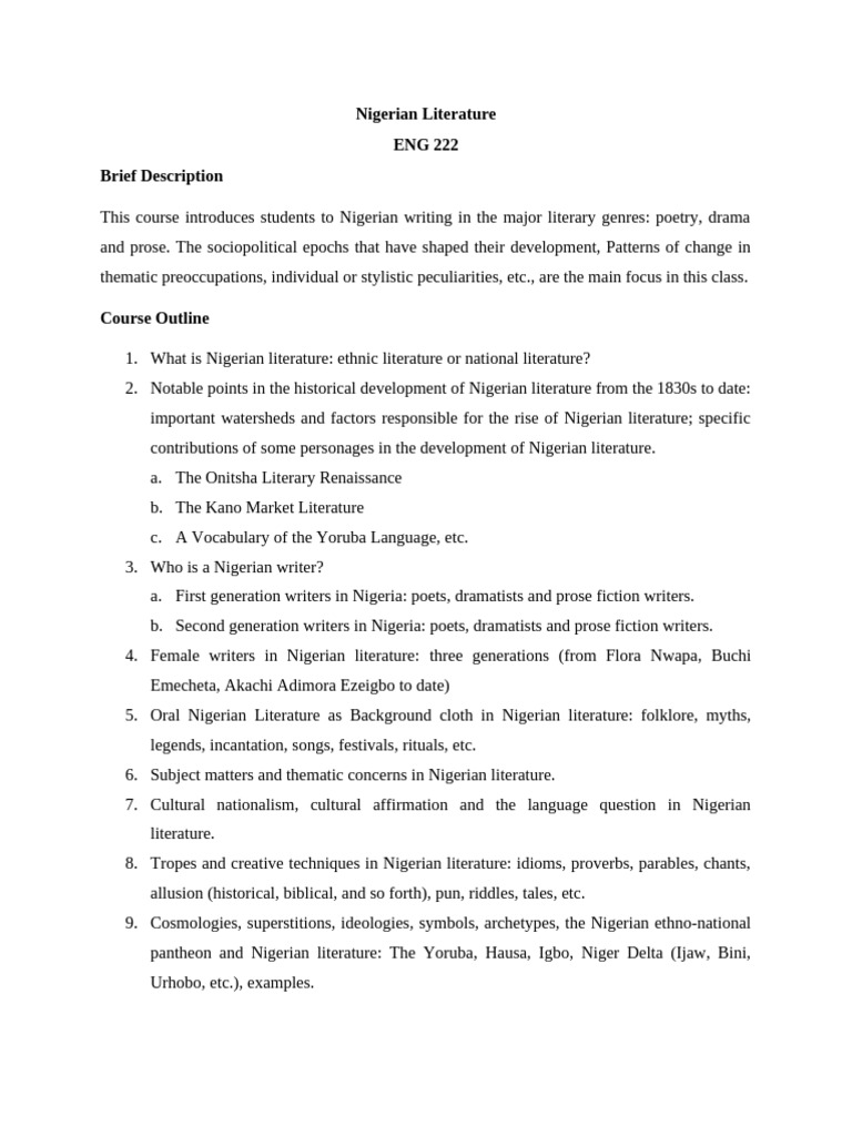Nigerian Literature ENG 222 Course Outline | PDF | Nigeria | Writing