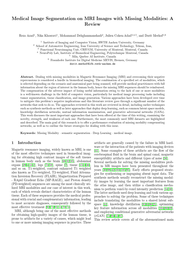 Medical Image Segmentation On MRI Images With Missing Modalities: A Review | PDF | Magnetic ...
