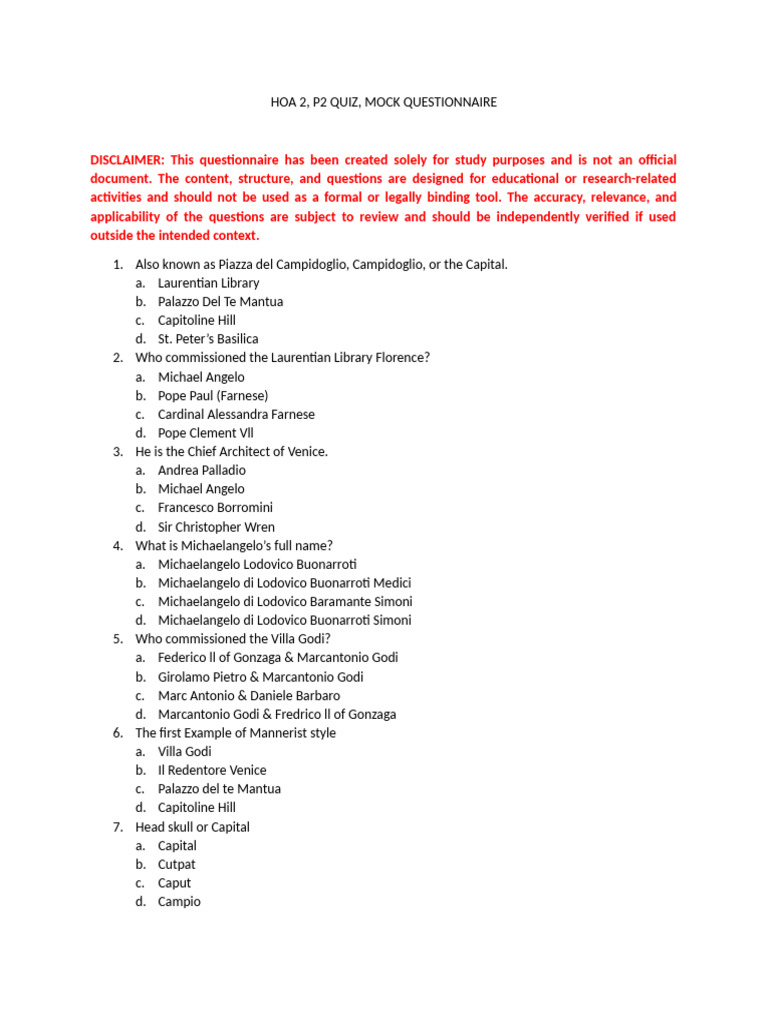 HOA 2 P2 Quiz Mock Questionnaire | PDF | Michelangelo | Palace Of ...