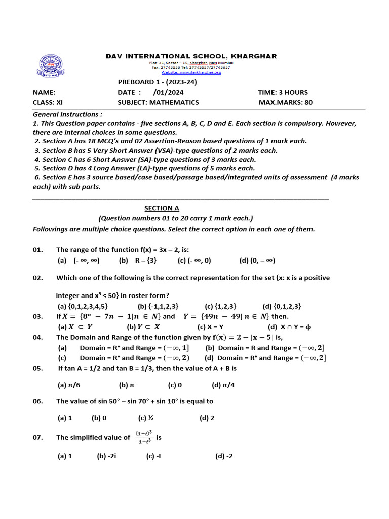 XI Preboard Mathematics Exam 2024 | PDF | Multiple Choice | Mathematics