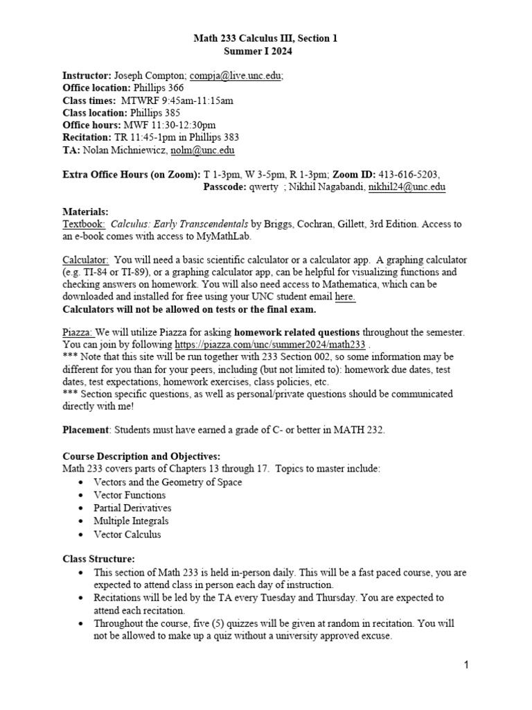 Compton 233 Syllabus SS1 2024 | PDF | Integral | Calculus