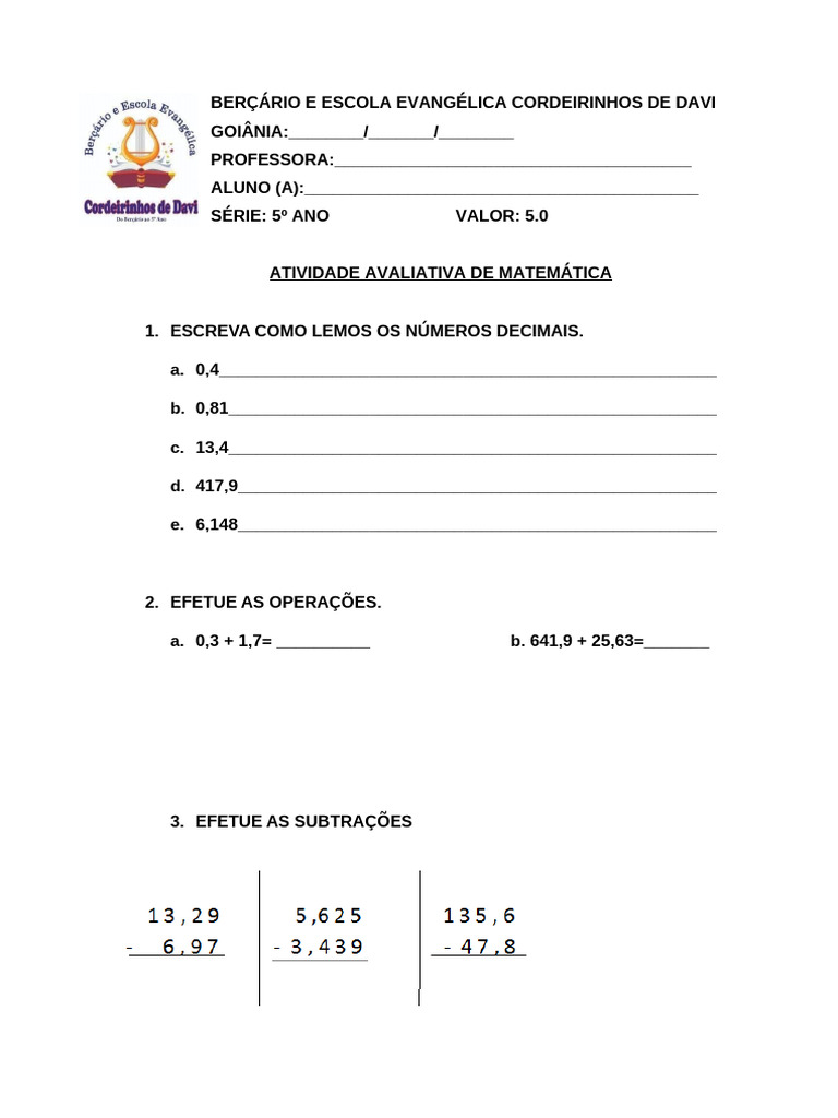 Atividades Avaliativas 5ºano | PDF | Brasil