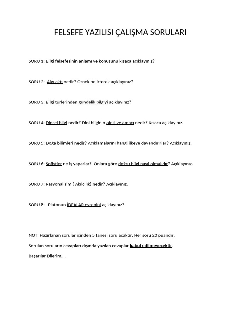 Felsefe Yazilisi Calisma Sorulari-1 | PDF