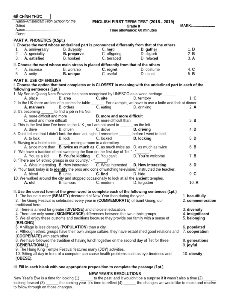Grade 8 English Test Paper 2018-2019 | PDF