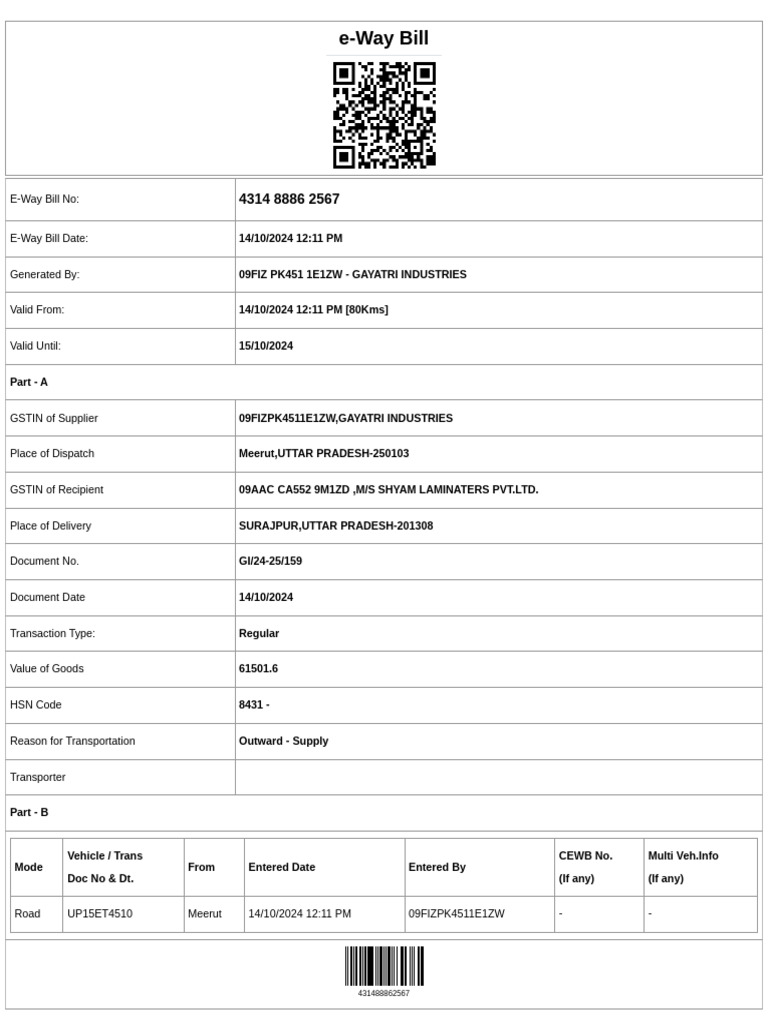 E-Way Bill for Goods Transport | PDF