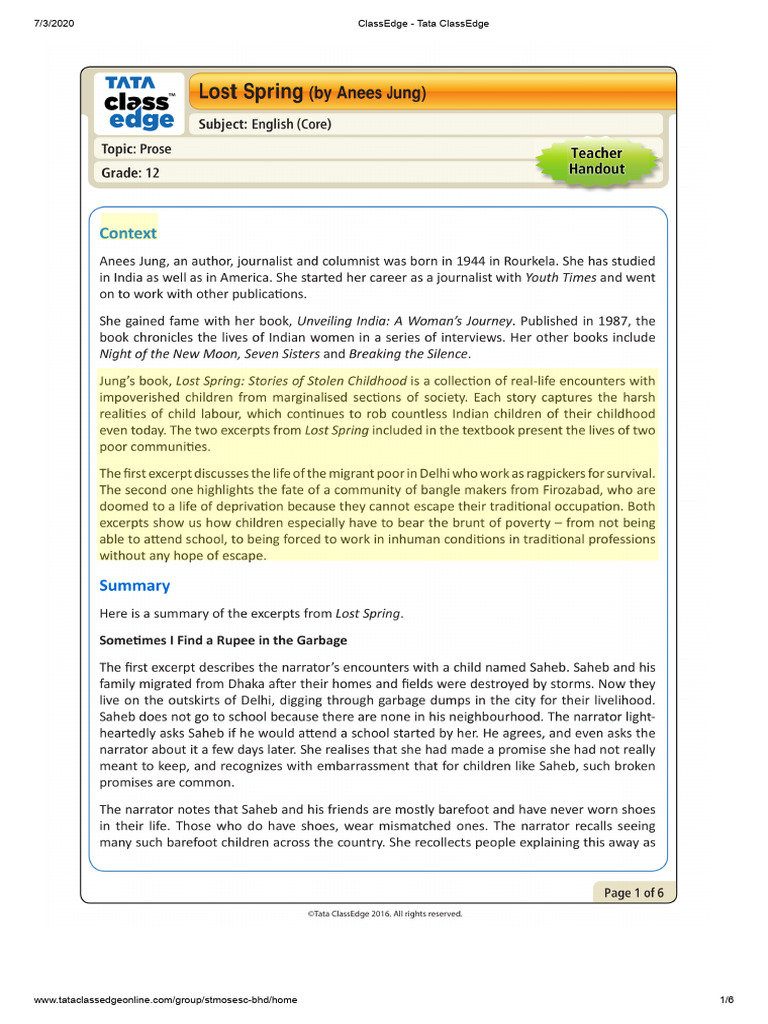 Lost Spring - Notes (XII) | PDF