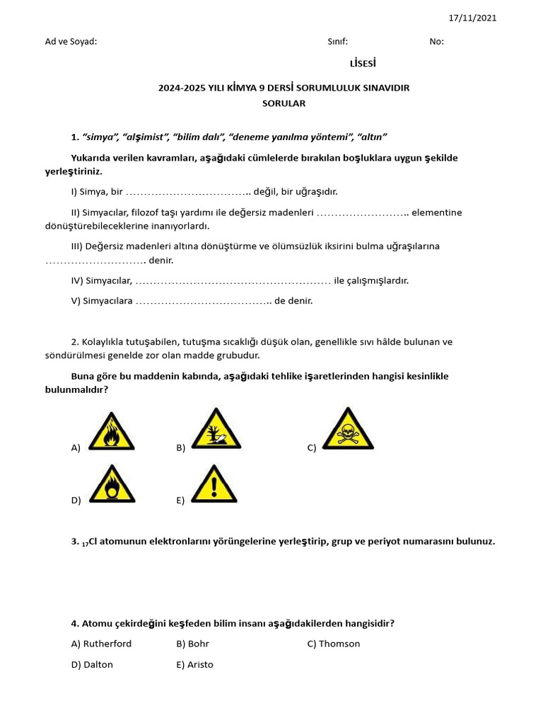 2021 Kimya 9 Sorumluluk Sınavı Soruları | PDF