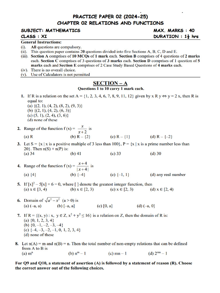 Practice Worksheet Ch. 2 Relations and Functions | PDF