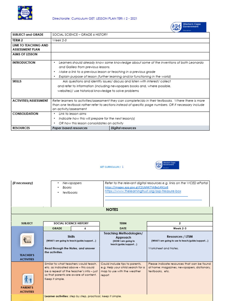 Lesson Plan GR 6 SS History T2 W2-3 | PDF | Galileo Galilei | Leonardo ...