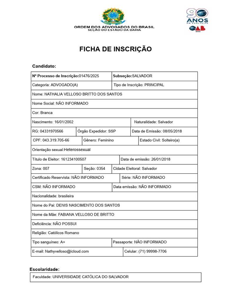Ficha de Inscrição - Principal | PDF | Advogado | Justiça
