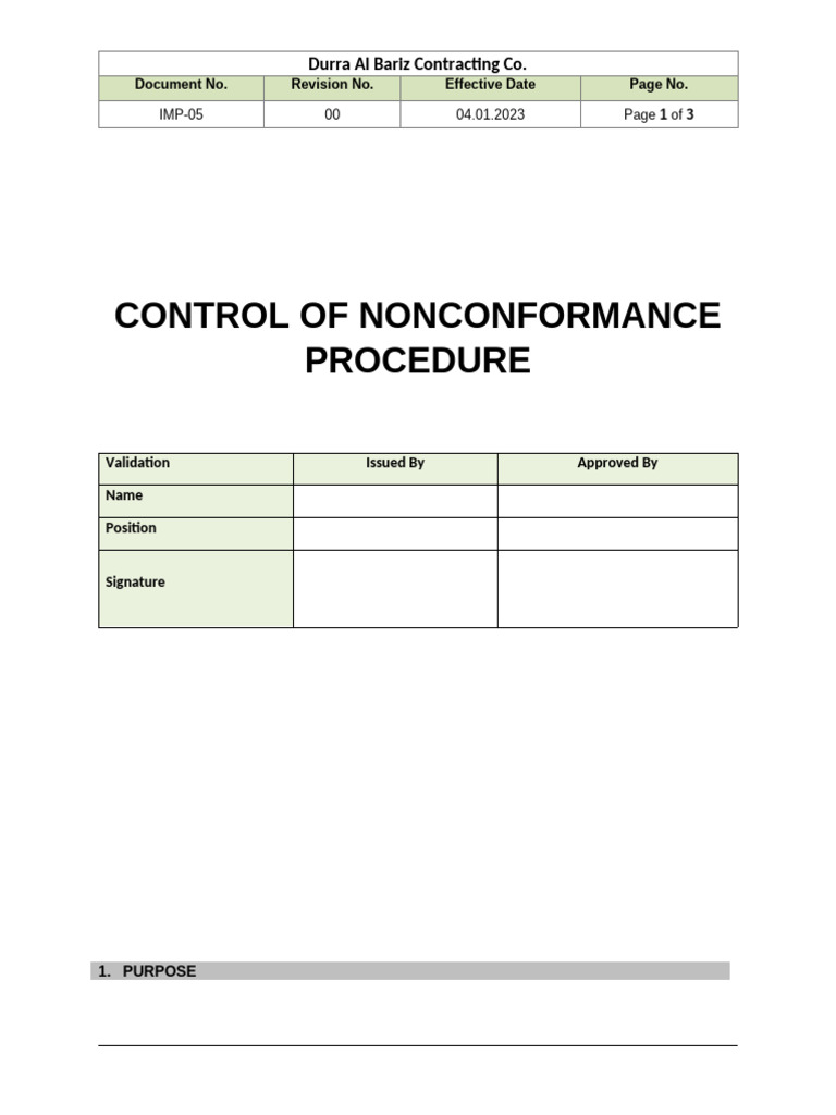 Control of NonConformance Procedure | PDF