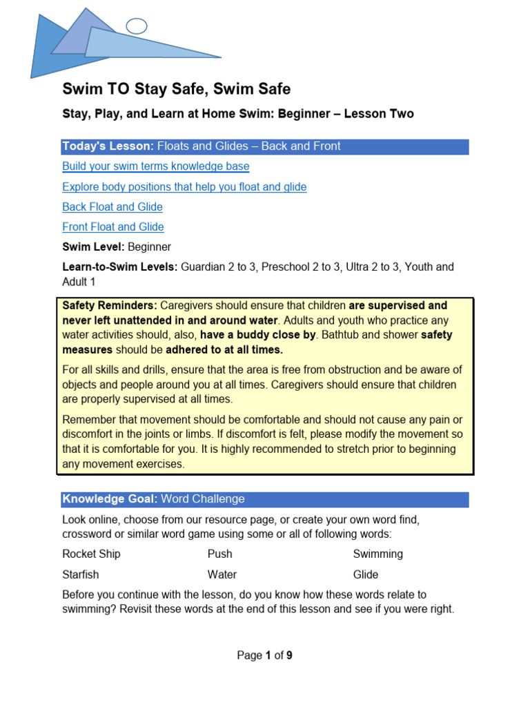 Virtual Swim Skills Lesson 02 Beginner | PDF | Buoyancy