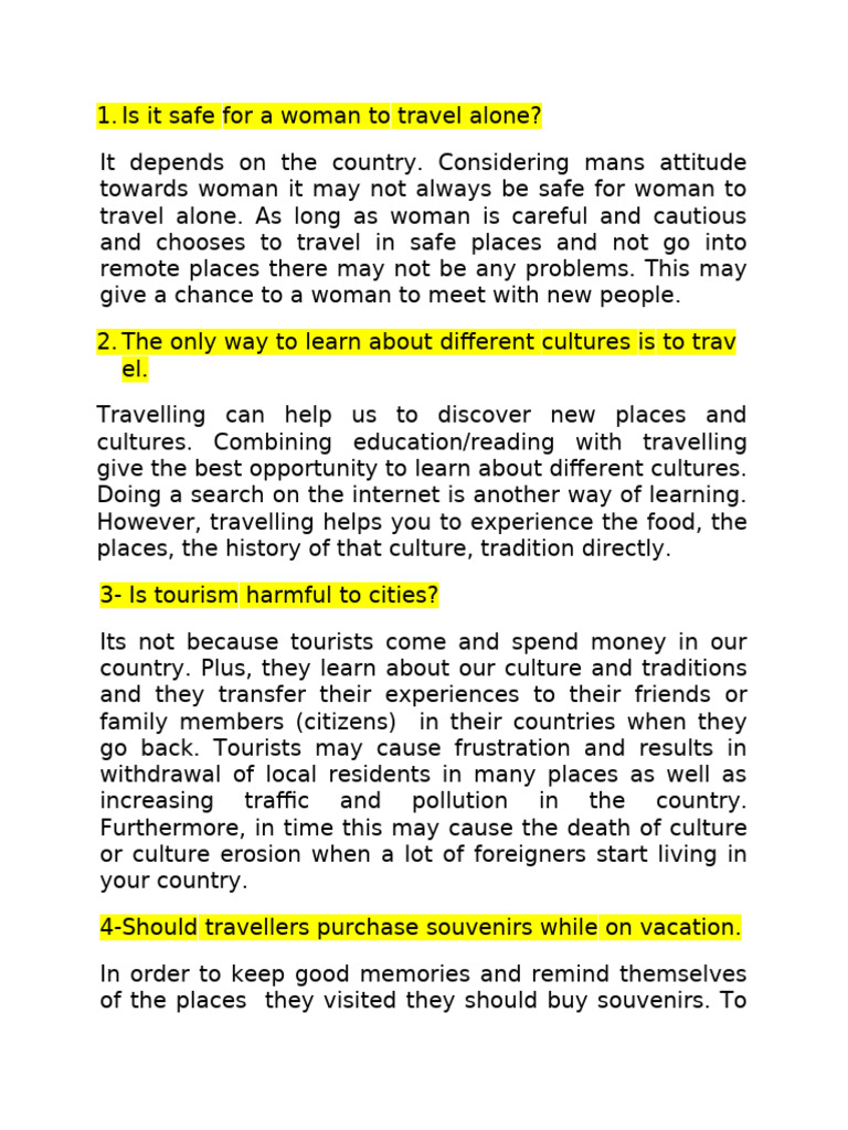 TRAVEL SPEAKING QUESTIONS With Answers | PDF | Tourism | Psychology