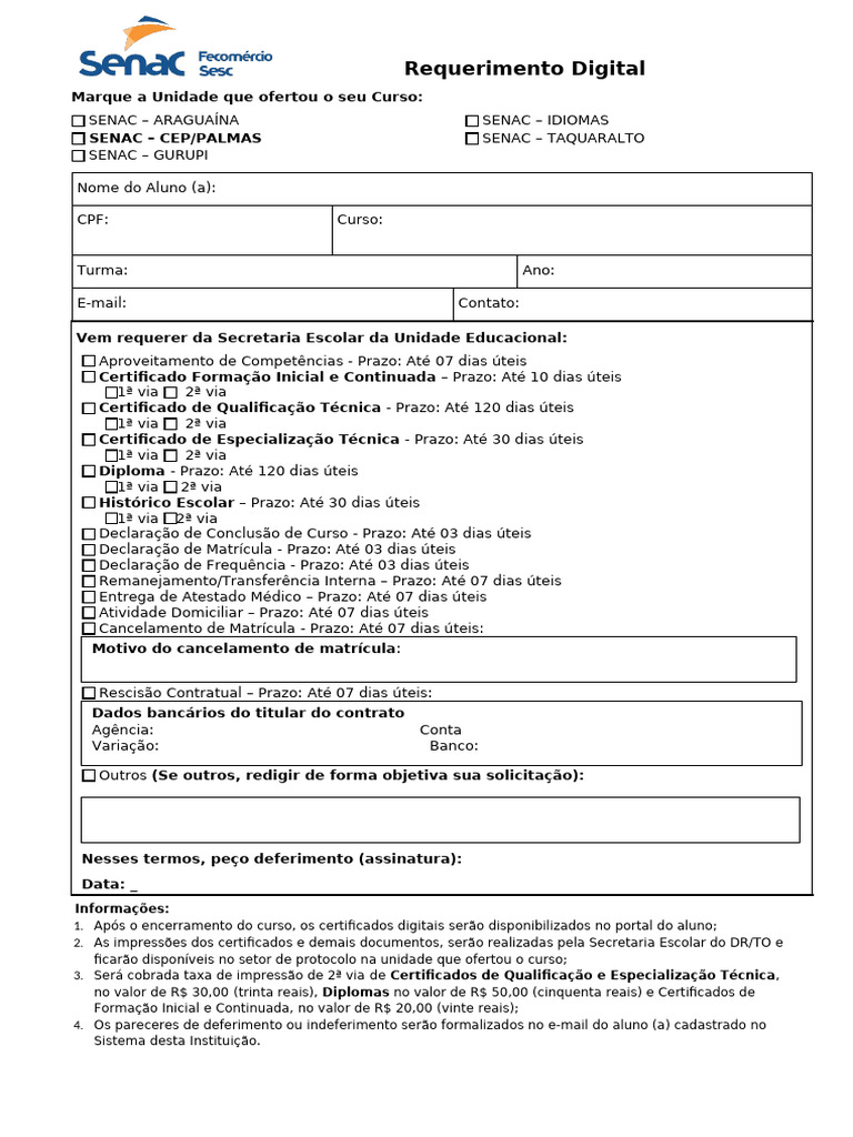 Requerimentos e Certificados SENAC | PDF