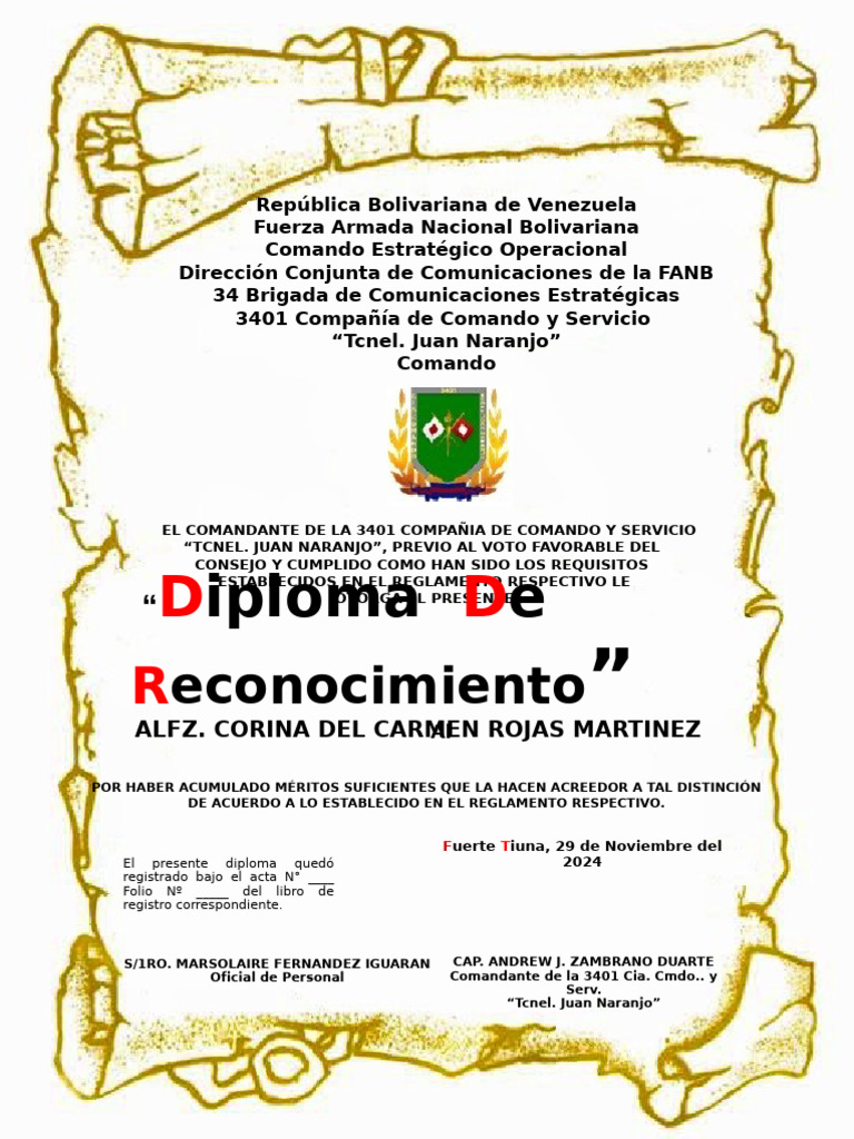 Diploma de Reconocimiento FANB | PDF | Venezuela | Militar