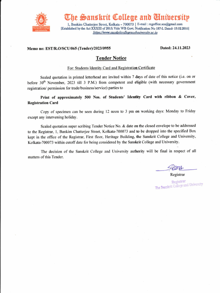 Tender for Student ID Card Printing | PDF