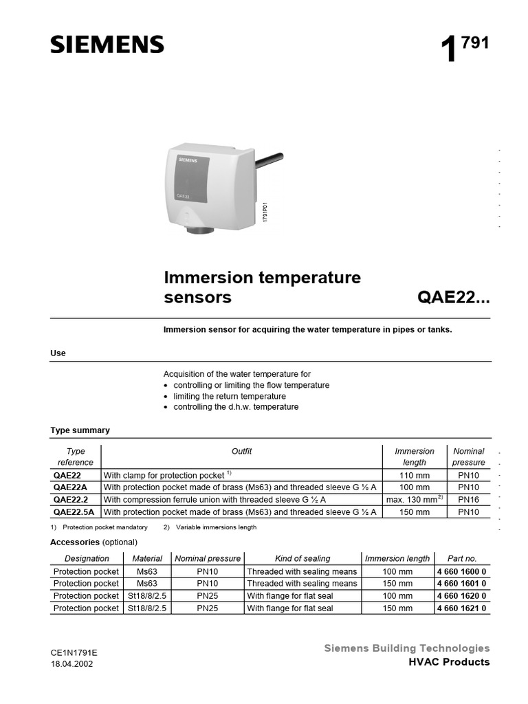 9888 - Immersion Temperature Sensors QAE22.. - en | PDF | Pipe (Fluid ...