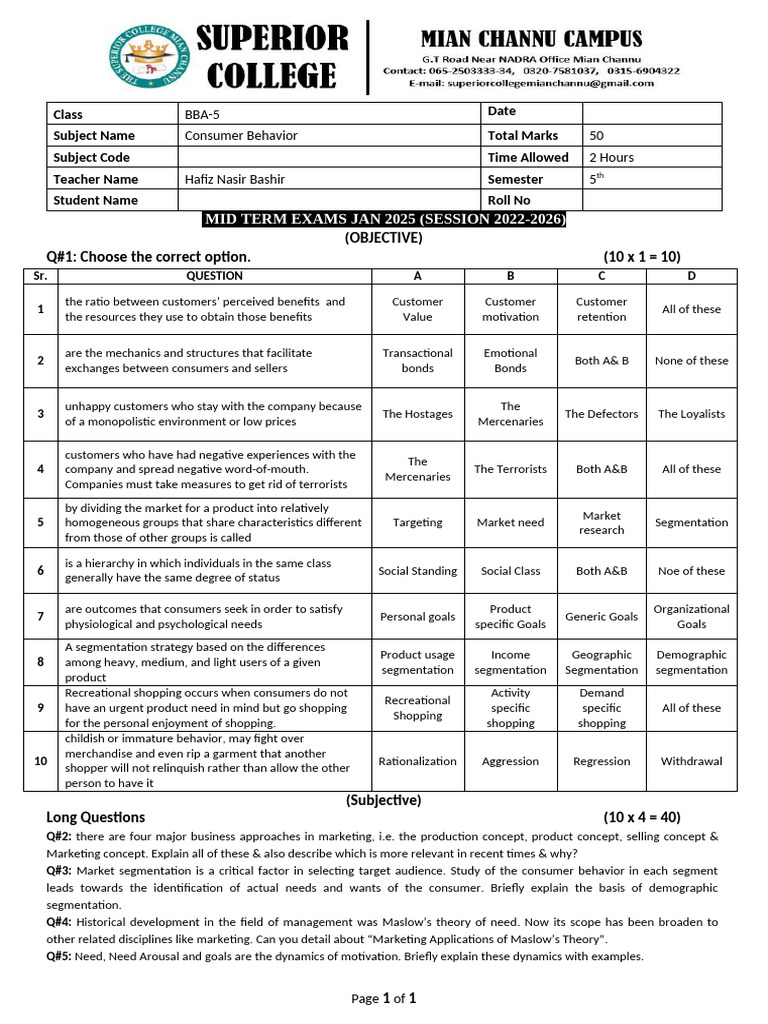 BBA 5th Mid Consumer Behavior F24 | PDF | Market Segmentation | Consumer Behaviour