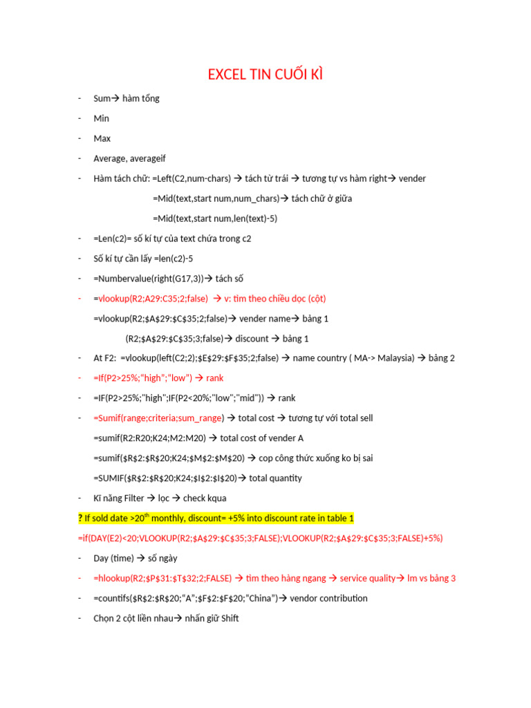 EXCEL TIN CUỐI KÌ | PDF