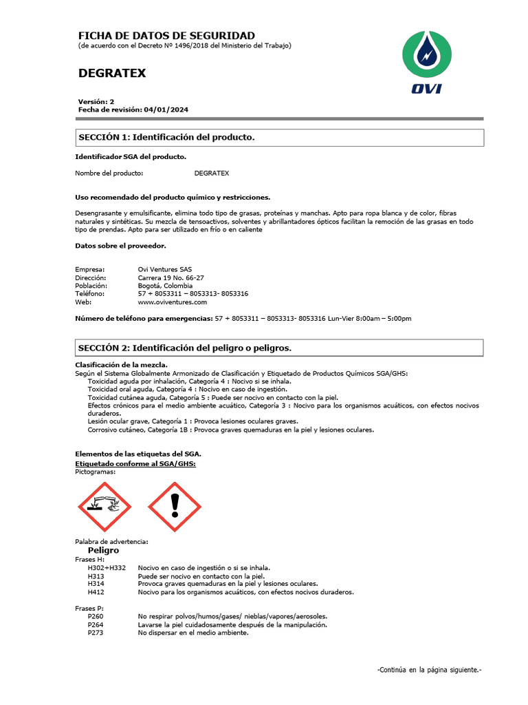 Ficha Datos de Seguridad Desengrasante Ind Ropa Degratex | PDF | Residuos | Quemar