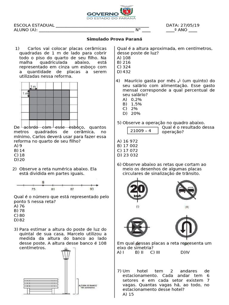 Simulado Prova Paraná para Os 7º Anos e 8° Ano B | PDF