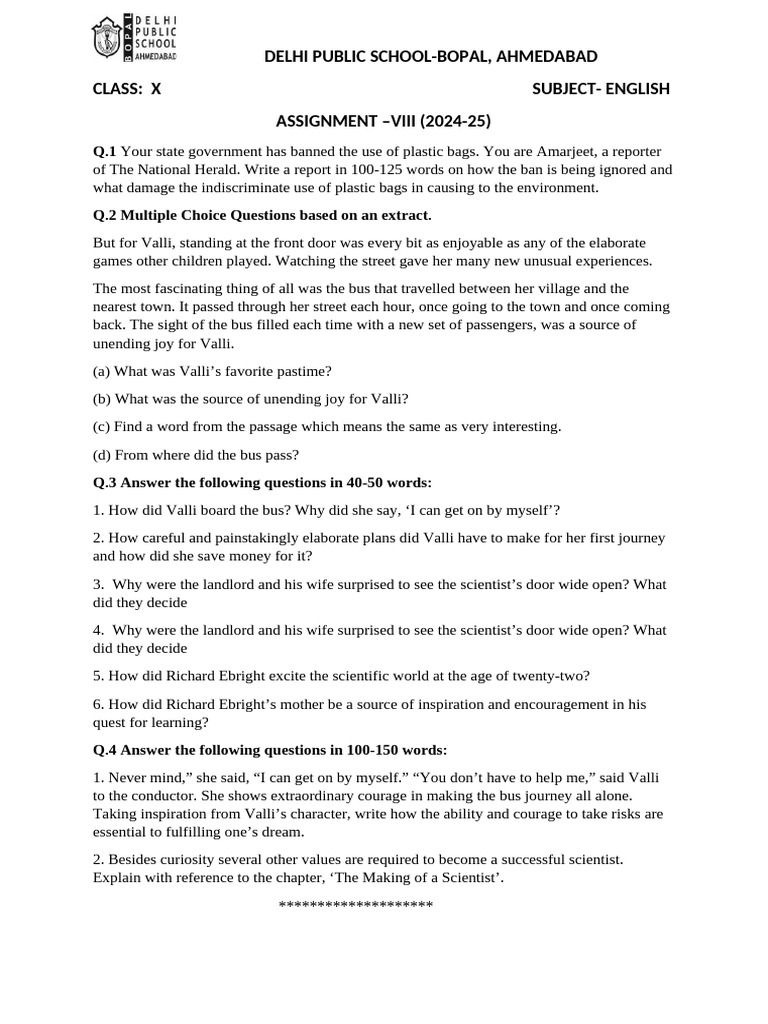 Assignment VIII Class 10 2024-2025 | PDF
