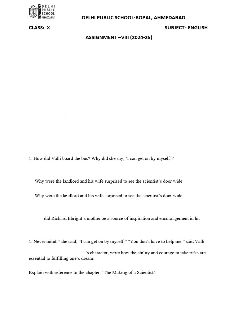 Assignment VIII Class 10 2024-2025 | PDF