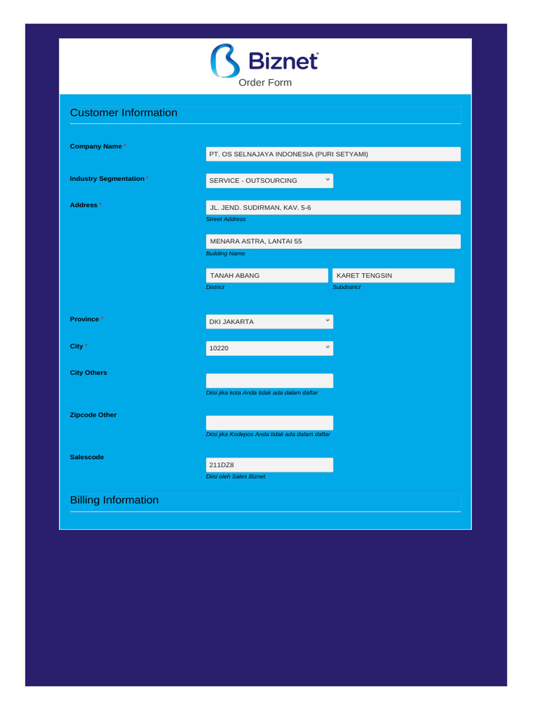Orderform_biznet Bandwidth on Demandpt. Os Selnajaya Indonesia (Puri Setyami) (1) | PDF ...