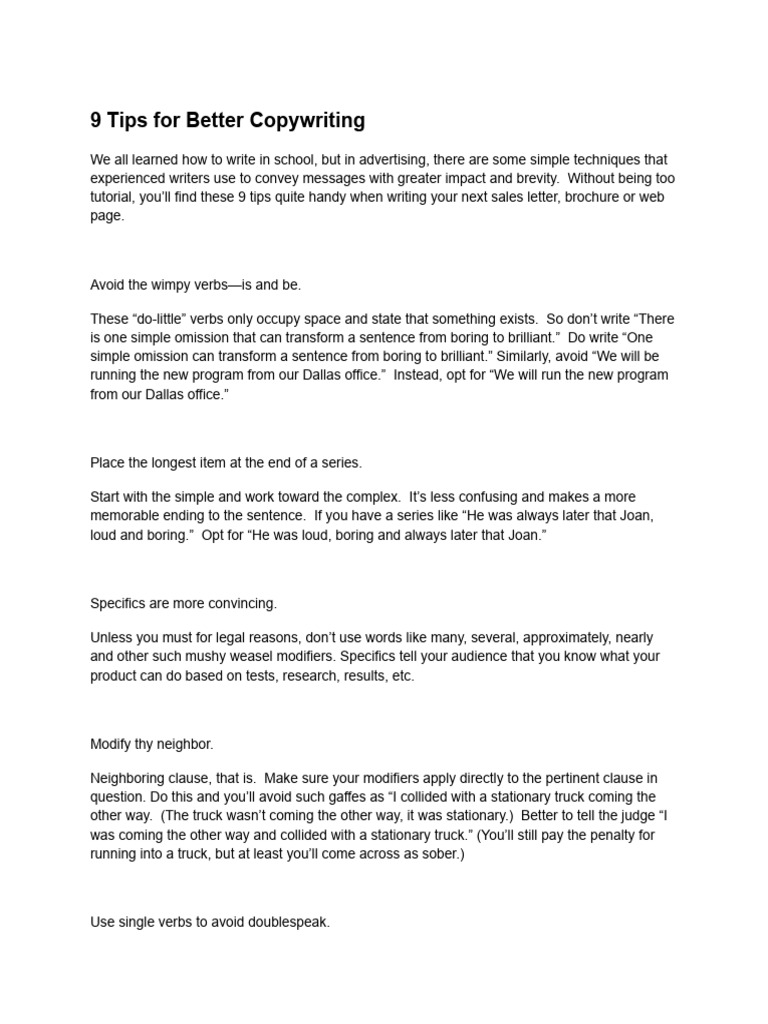 9 Tips for Better Copywriting | PDF | Sentence (Linguistics) | Light