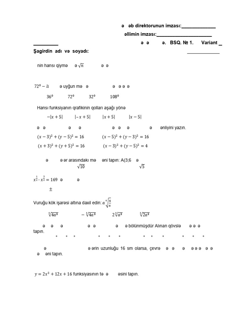 9cu Sinif BSQ 1 a Ə.günel(15sual) (1) | PDF