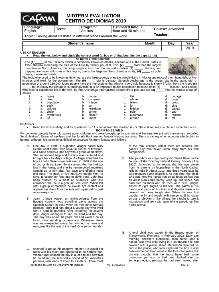 Mid term Advanced 1 | PDF | Eskimo | Alaska