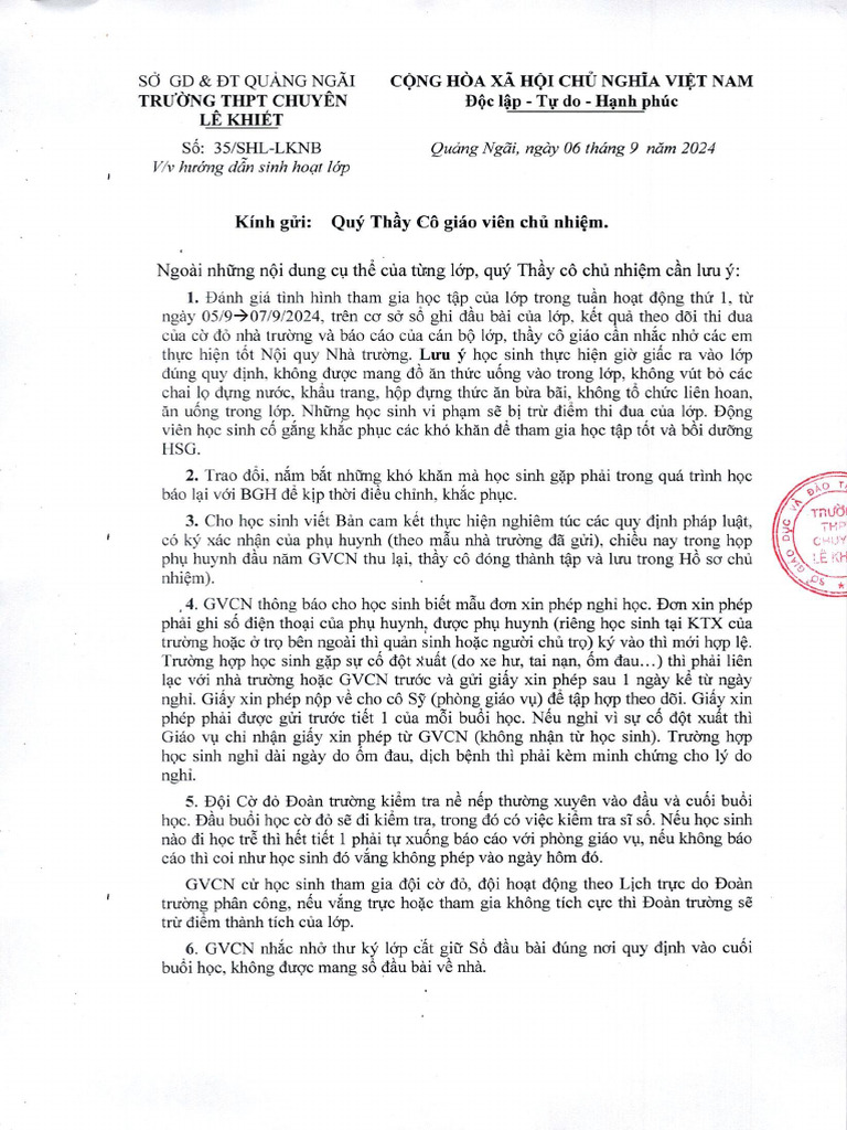 35 HDSHL -LKNB huong dẫn SHL đầu năm 2024-2025 - 0001 | PDF