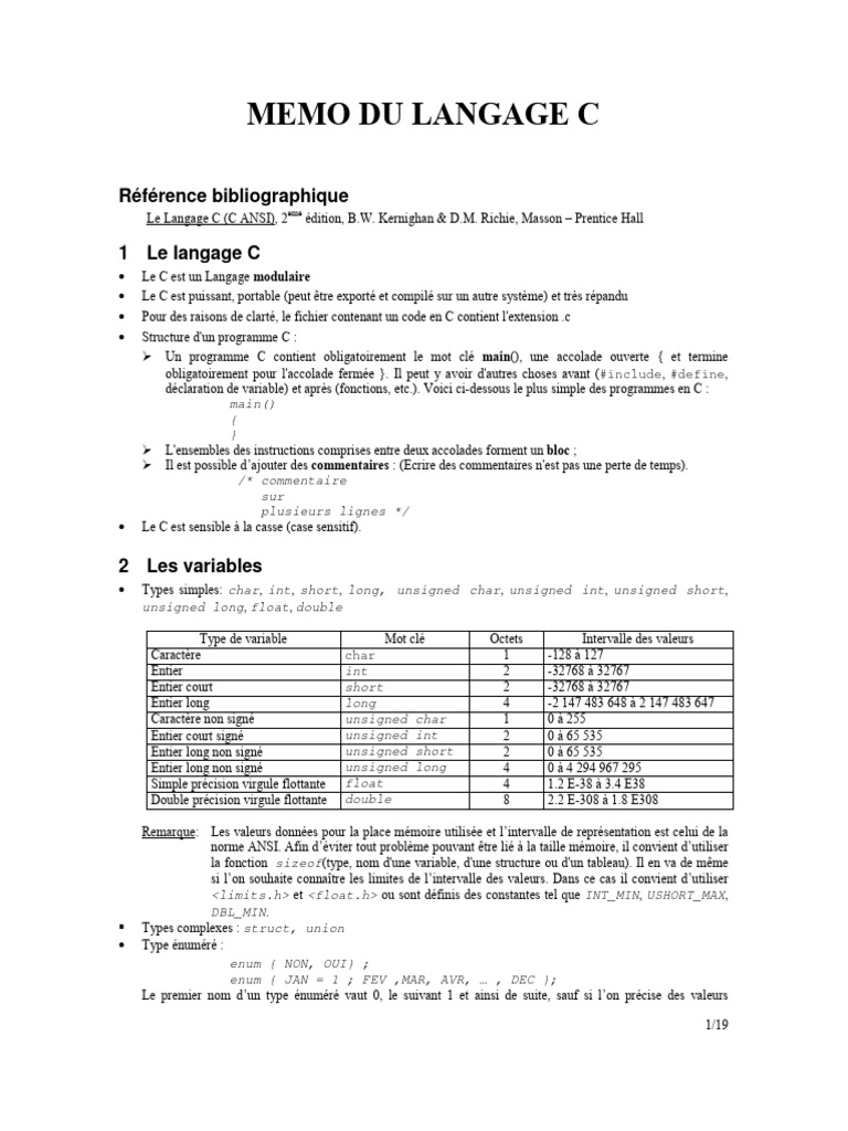 04_memo_du_langage_c | PDF | C (Langage de programmation) | Pointeur (programmation)