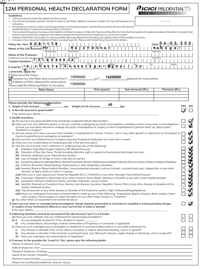 12m PDR Health Declaration Form. | PDF | Life Insurance | Insurance