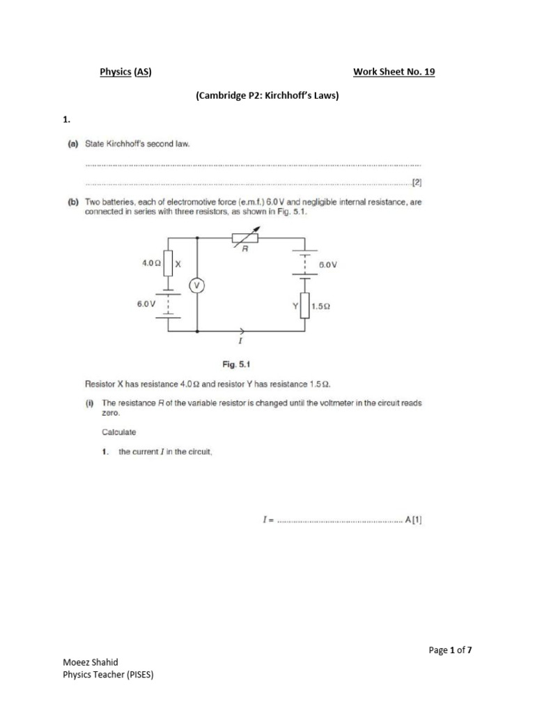 Kirchhoff's Laws Worksheet | PDF