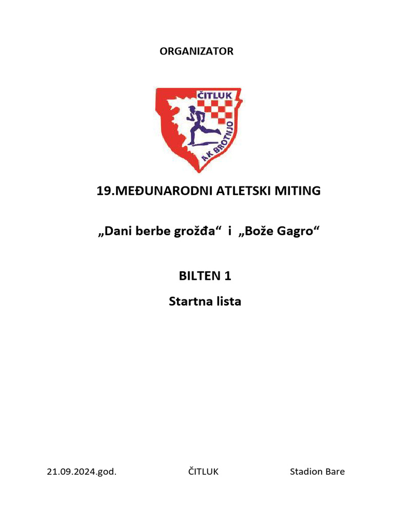 Memorijal Bože Gagro - Konačne Startne Liste | PDF