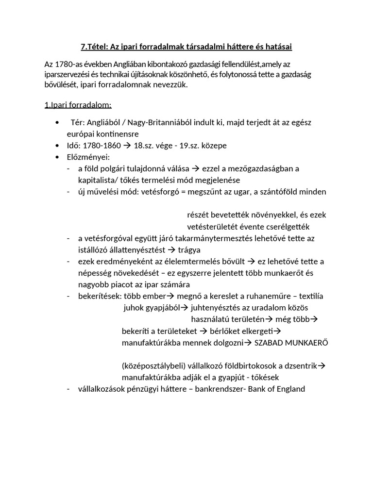 7.tétel - Az Ipari Forradalmak Társadalmi Háttere És Hatásai | PDF